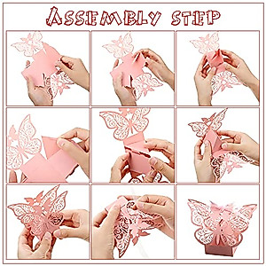 Outus 60 Pieces Butterfly Laser Cut Favor Boxes Cookie Present Boxes with Ribbons Cute Chocolate Box for Wedding Girl Bridal Birthday Party Baby Shower Favors Decoration Supplies (Pink)