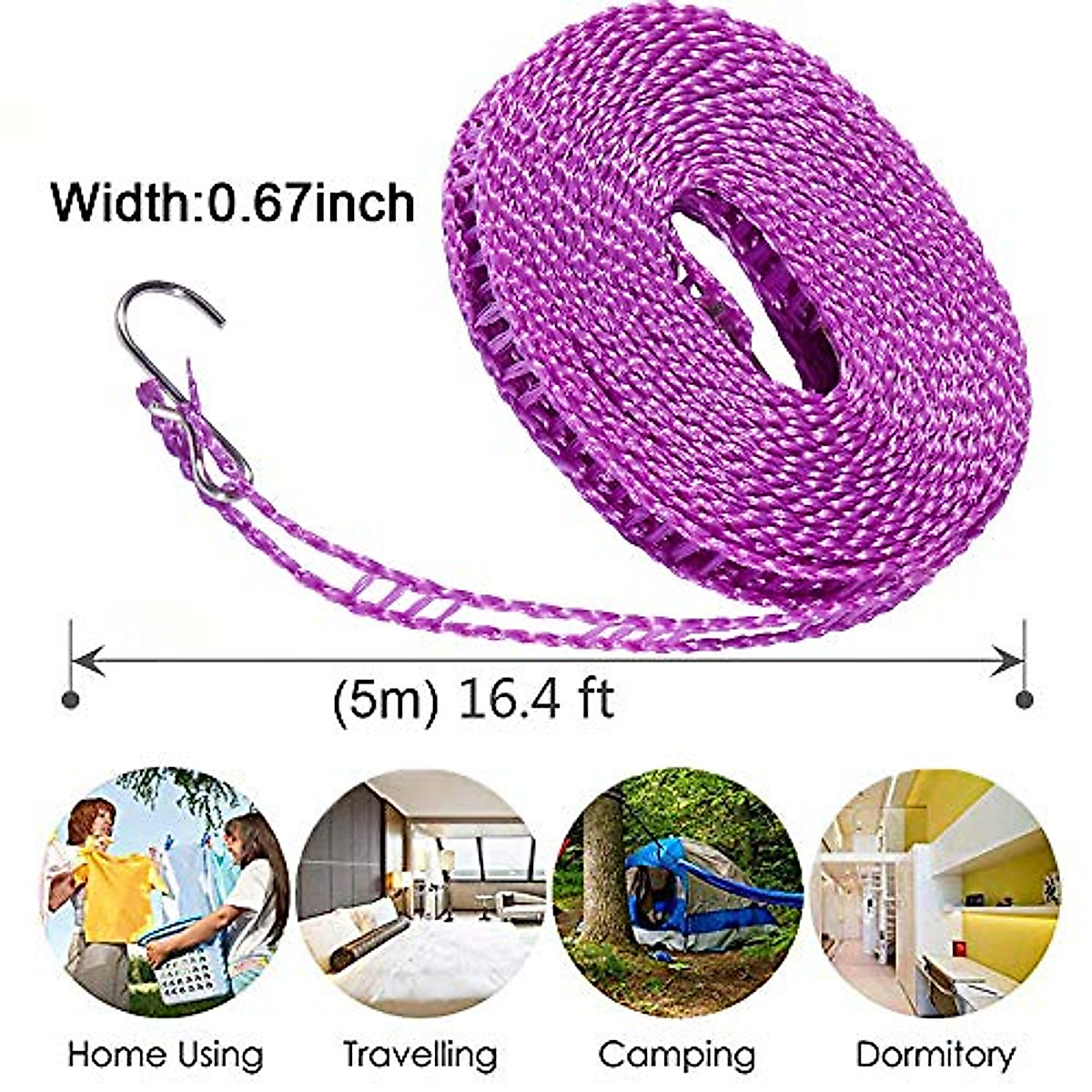 Foshine 2 Pack Clotheslines 1.64ft Length Camping Clothesline Clothes White Purple Drying Rope Portable Windproof Travel 5m Clothesline for Indoor Outdoor Laundry Perfect Windproof Clothes Line
