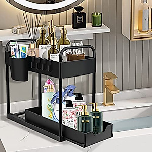 Under Sink Organizer, Sliding Cabinet Basket Organizer 2 Tier Under Bathroom Organizer with Hooks, Hanging Cup, Multi-purpose Under Sink Organization and Storage for Bathroom Kitchen