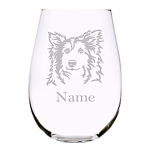 Sheltie dog themed with name 17 oz. stemless wine glass