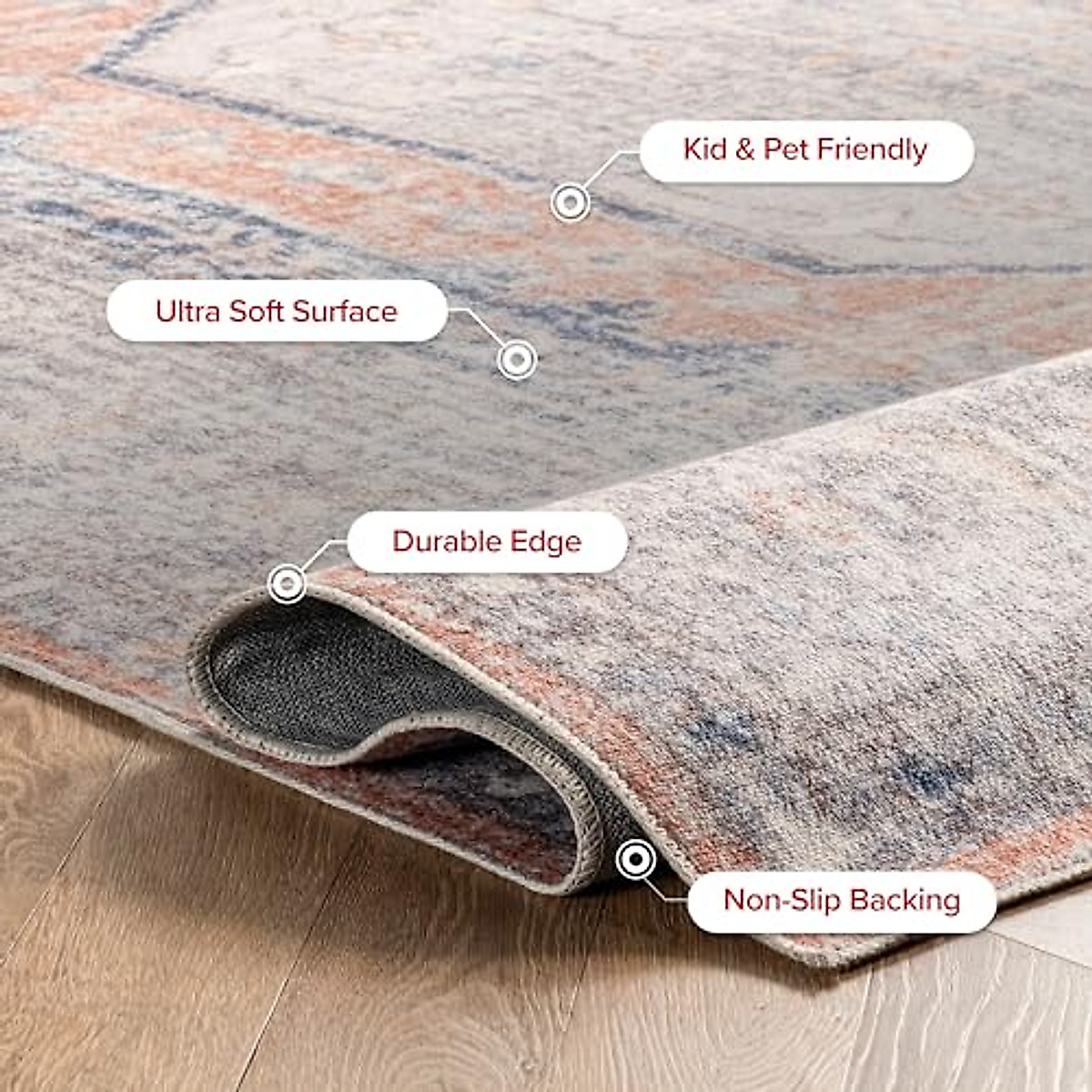 nuLOOM 5x8 Machine Washable Rain Haven Vintage Medallion Area Rug, Peach, Traditional Faded Design, Non-Slip Backing, Stain Resistant, For Bedroom, Dining Room, Living Room, Kitchen