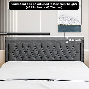 King Bed Frame with 2 Storage Drawers, Fabric Upholstered Platform Bed Frame with Deep-set Pattern Button Tufted Headboard, Sturdy Wood Slats Support Mattress Foundation, No Box Spring Needed, Grey