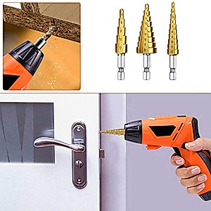 NACHEE 3Pcs Metric Titanium Coated Step Drill Bit Set, HSS Cone Drill Bit with 1/4" Hex Shank Drive Quick Change（3-12 mm 4-12 mm 4-20 mm）for DIY Woodworking, Plastic Wood