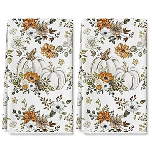 AnyDesign Fall Kitchen Dish Towel 18 x 28 Inch Watercolor White Pumpkins Leaves Dishcloth Autumn Decorative Hand Drying Tea Towel for Thanksgiving Holiday Kitchen Cooking Baking Cleaning, 2Pcs