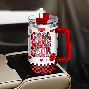 99WHALE Cool Moms Club Gifts, Tumbler 40 Oz With Handle Lid And Straw, Red Print Green Daisy Water Straws Simple Simply Handle Tumblers, Mom Retro Groovy Checked Nutrition Facts