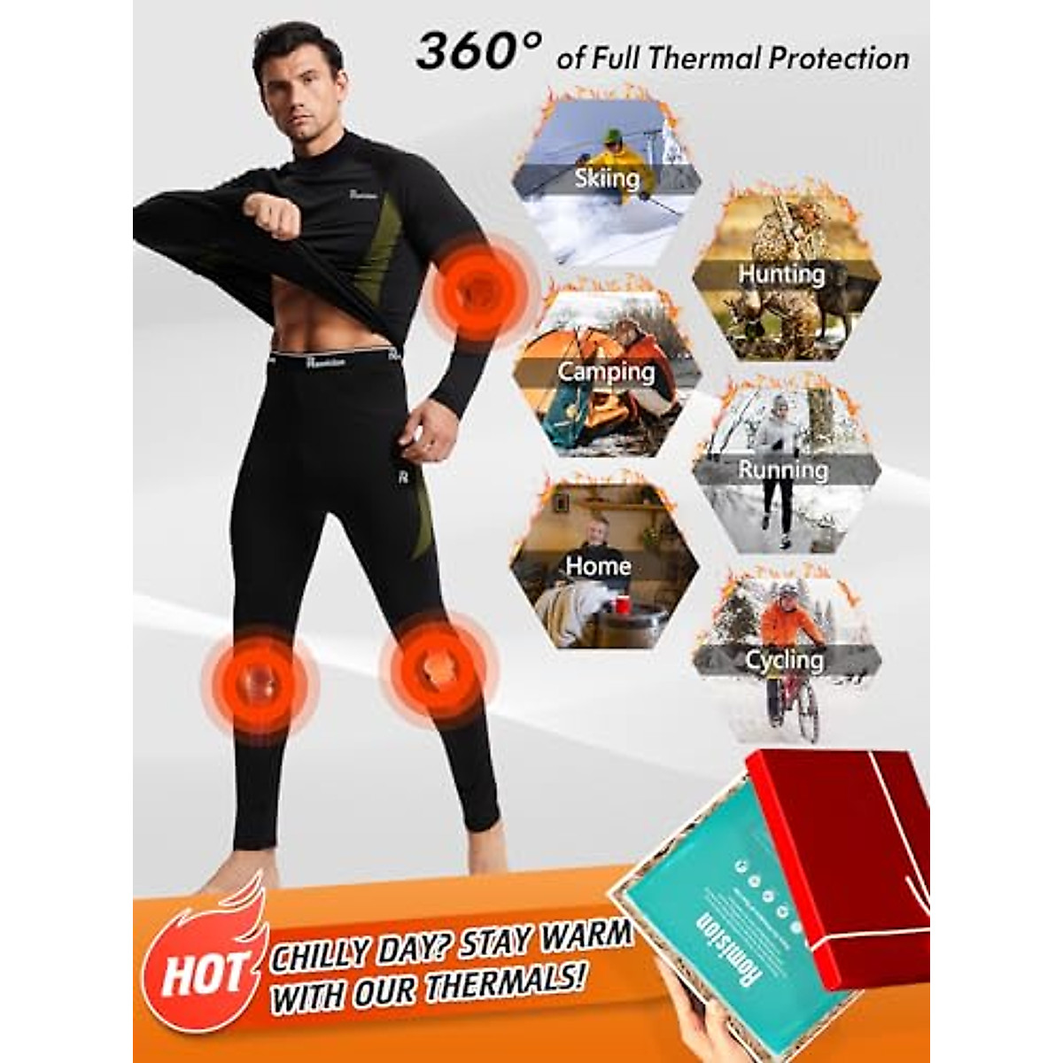 romision Turtle Neck Long Johns Thermal Underwear for Men Fleece Base Layer Cold Weather Top and Bottom Set Hunting Gear