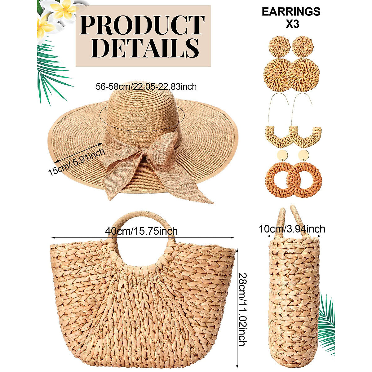 Loetere 5 Pcs Women Large Straw Beach Bag 5.5 Inch Big Bowknot Straw Beach Hat with Rattan Earrings Set Summer Handwoven Straw Tote Bag Wide Brim Floppy Sun Hat Foldable for Summer Vacation Travel