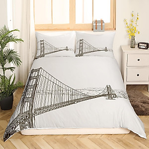 Golden Gate Bridge Duvet Cover Queen, San Francisco Bedding Set, Hand Drawn American Theme Architecture Comforter Cover, Ocean Mountain Bedroom Decor Vintage Grey Quilt Cover With Zipper Closure