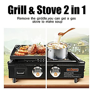 QuliMetal Flat Top Grill Non-Stick Griddle Portable Griddle Table Top Griddle Propane Grill with Carry Bag 22 Inch,348 Sq,24,000BTU,304 Stainless Steel Burner,Ceramic Coating for Outdoor Camping Party Tailgating