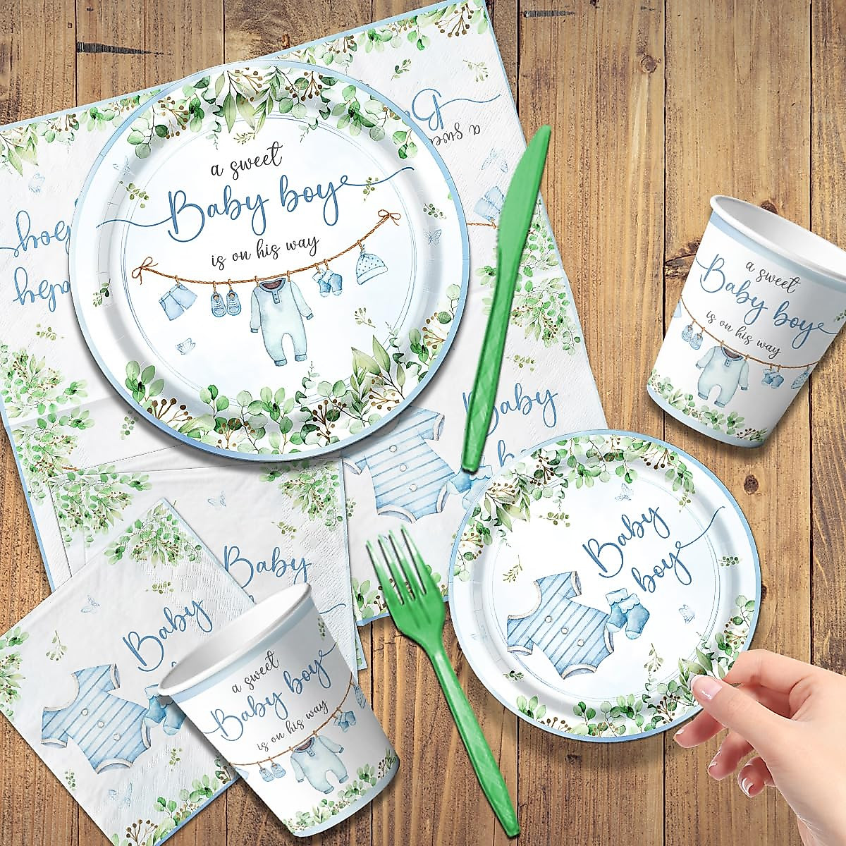 Greenery Baby Shower Tableware Set,Watercolor Blue Boy Baby Shower A Sweet Boy Is On His Way Plates and Napkins Sets Include Plates Napkins Cups Tablecloth for Boy Baby Shower Gender Reveal Supplies