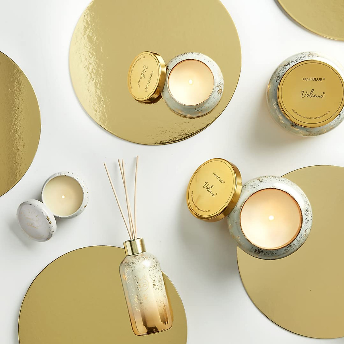 Capri Blue Glimmer Mini Tin - Volcano Scented Candle with Mini Tin Candle Holder - Luxury Aromatherapy Candle - 3 Oz - White and Gold