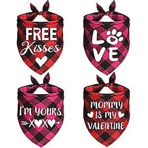 JOTFA 4 Pack Valentine’s Day Dog Bandanas, Plaid Dog Puppy Valentines Bandana Scarf for Small Medium Large Dogs Pets (Red & Pink)