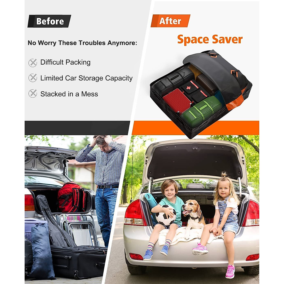 FIVKLEMNZ Car Rooftop Cargo Carrier Roof Bag Waterproof for All Top of Vehicle with/Without Rack Includes Topper Anti-Slip Mat + Reinforced Straps + 6 Door Hooks + Luggage Lock