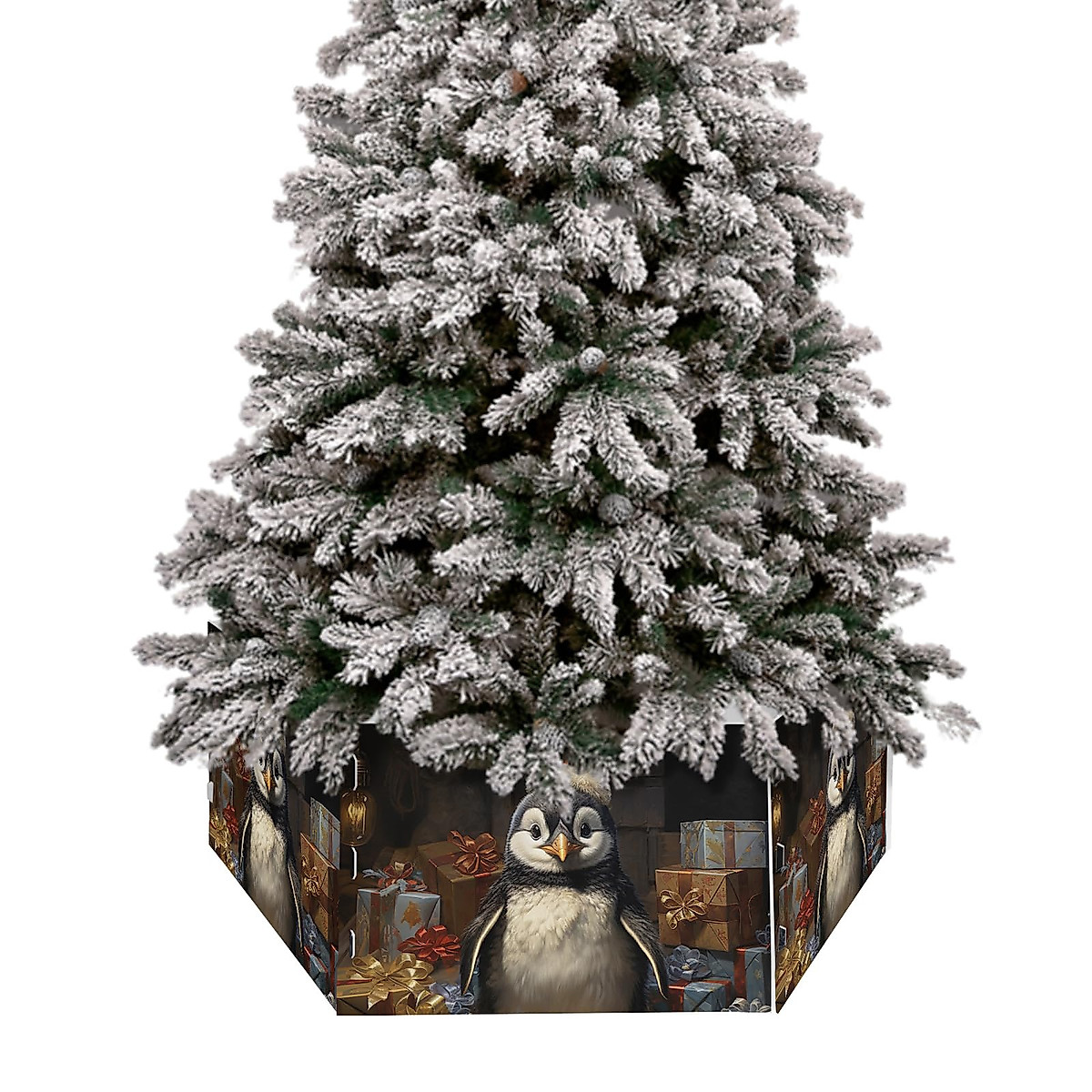 Christmas Penguin Christmas Tree Collar Tree Box Stand Cover, Artificial/Pencil/Silm/Skinny Tree Ring 6 Packs Collapsible Tree Skirt for Christmas Xmas Tree Decorations, Merry 17"x10"