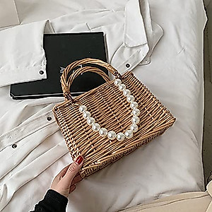 Pearl Handle Rattan Handbag, Straw Shoulder Bag Tote Bags, Mini Basket Handbag