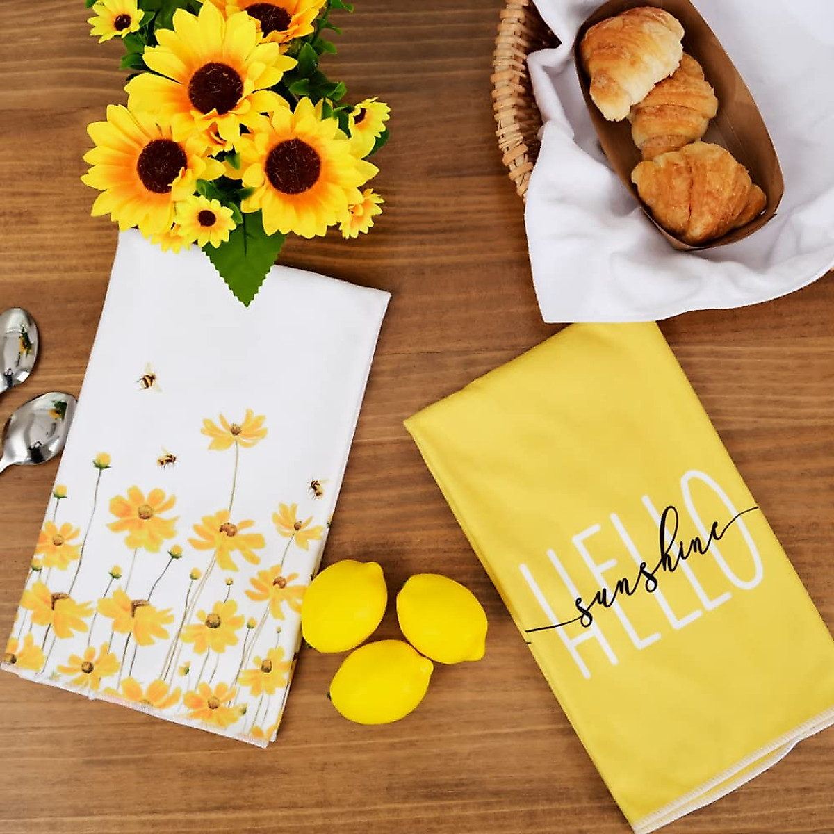 GEEORY Kitchen Towels for Spring Summer Decor Yellow Daisy Dish Towels 18 x 26 Inch Ultra Absorbent Bar Drying Cloth Hello Sunshine Hand Towel for Kitchen Bathroom Party Home Decorations Set of 2