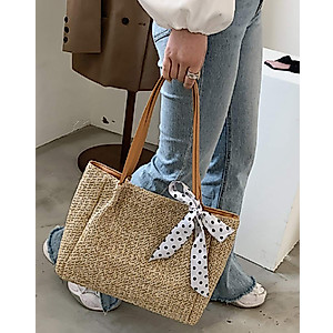 Obosoyo Straw Bags for Women Beach Bags Bowknot Shoulder Bags Straw Purse Summer Woven Bags