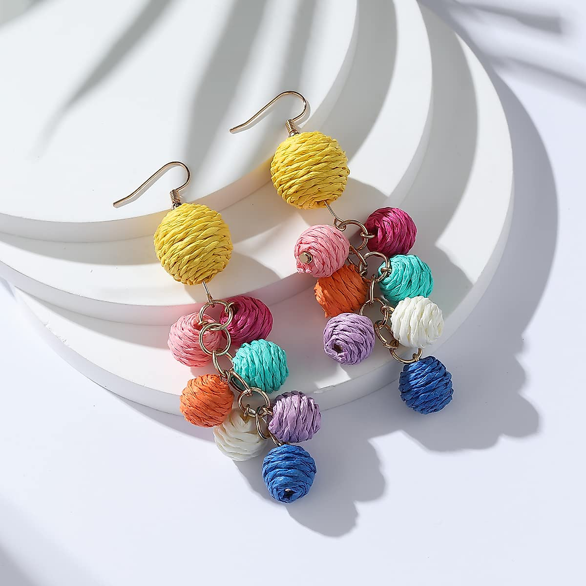 Colorful Raffia Earrings Boho Rattan Raffia Statement Drop Dangle for Women Lightweight Straw Wicker Earrings Summer Beach Vacation Earrings Jewelry Accessories Gifts (Rainbow)