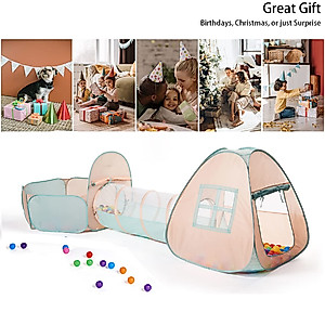 UTEX 3 in 1 Pop Up Kids Play Tent with Tunnel and Ball Pit for Kids, Boys, Girls, Babies and Toddlers, Indoor/Outdoor Playhouse,Orange Pink/Light Green