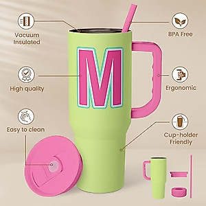 SANDJEST Stainless Steel Slider Tumbler With Handle 40oz & Jewelry Case with Initial M