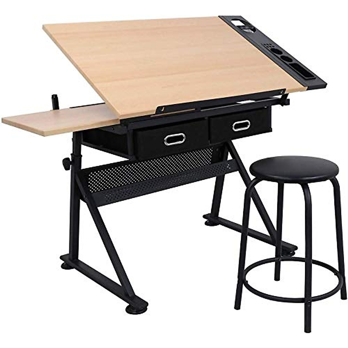 Smartxchoices Drafting Table Drawing Desk Reclining Tiltable Tabletop Bundle Set with Stool and 2 Storage Drawers Art Writing Reading Workstation for Office and Home