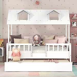 MERITLINE Full House Bed with Trundle, Wooden Platform Bed Frame with Roof, for Kids Teens Girls Boys - White