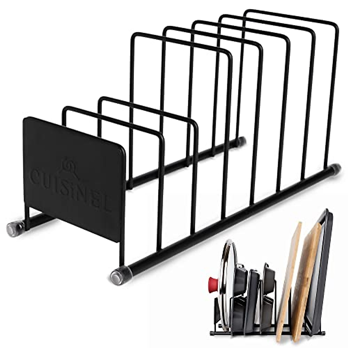 Lid and Dish Organizer Rack - Matte Black Kitchen Storage and Organization Stand - Plate Holder, Pan/Pot Covers, Cutting Board and Cookie Sheet Divider - 7-Tier Cabinet or Counter Display Organizers
