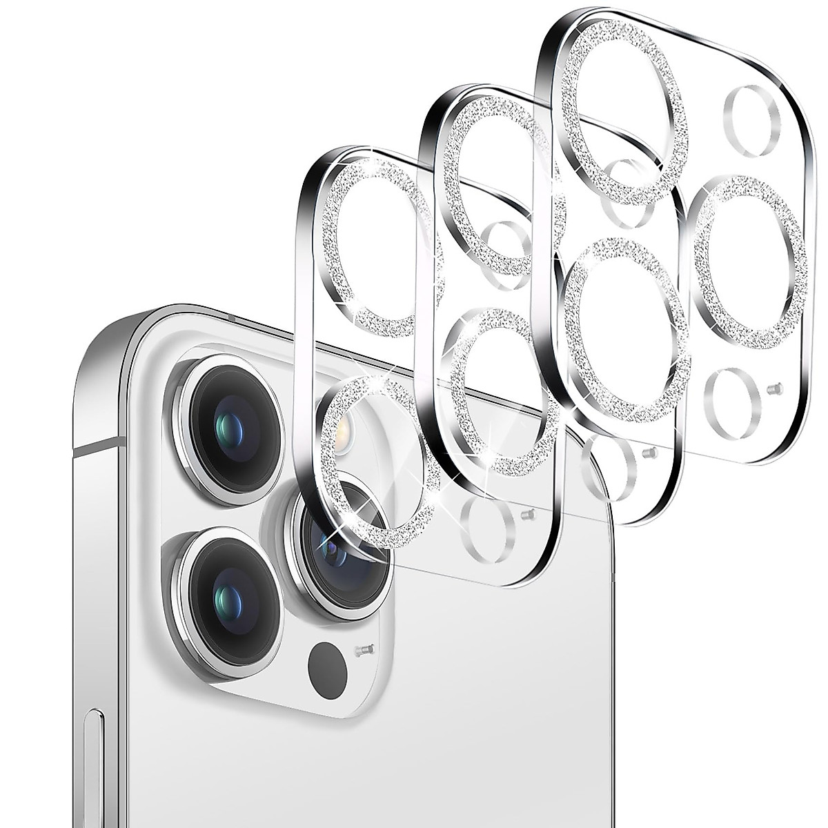 Dengduoduo 【3 Pack】 Tempered Glass Camera Lens Protector for iPhone 14 Pro 6.1" & iPhone 14 Pro Max 6.7", Glitter Bling Diamond, Ultra HD, 9H Hardness, Anti-Scratch, Case Friendly, Easy to Install