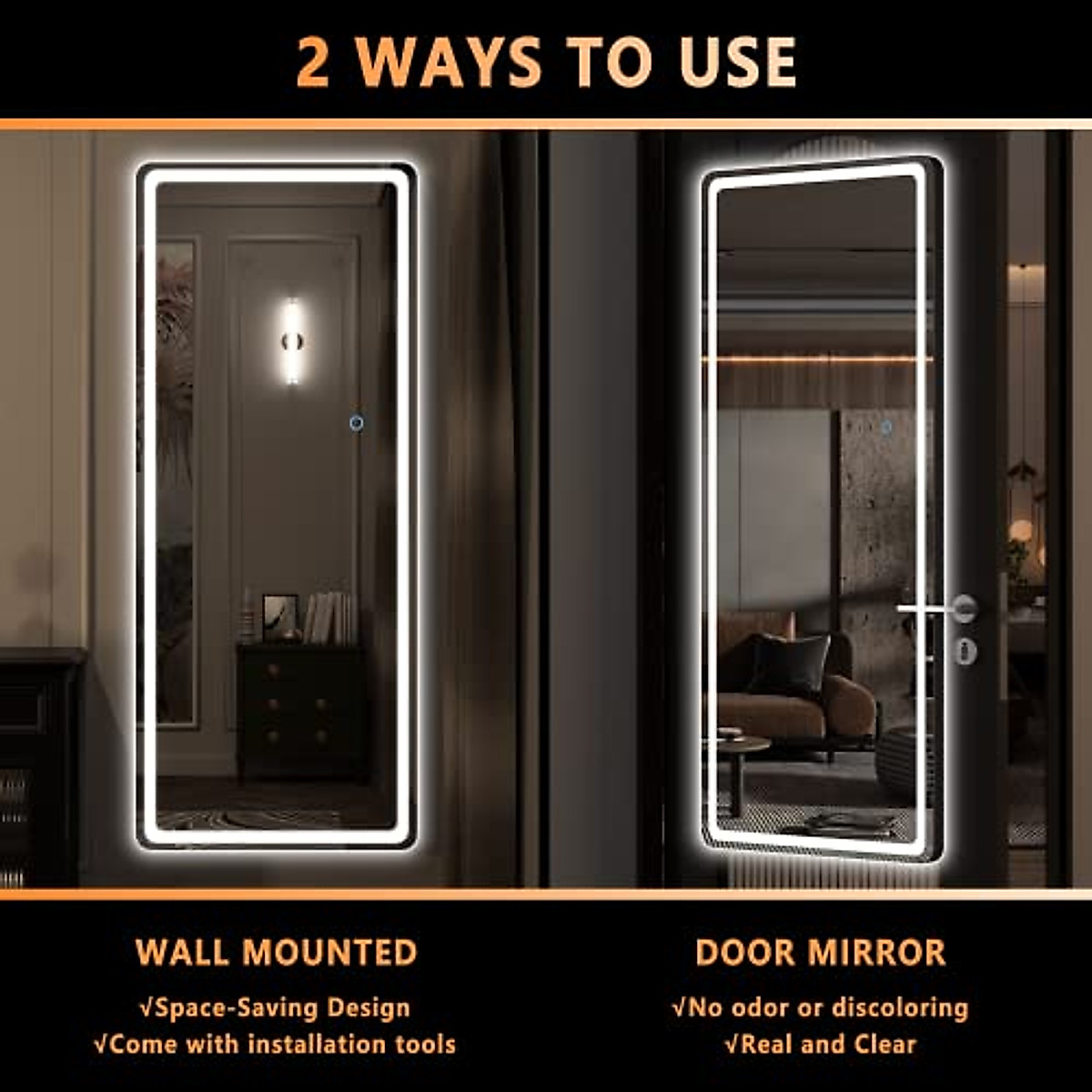 Hasipu LED Door Mirror Full Length, 44.1" x 15.8" Lighted Over The Door Hanging, Full Body Wall Mounted, Light Up Long Dressing, Round Black