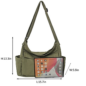 PRAGARI Canvas Messenger Bag Crossbody for Women Green Shoulder Aesthetic Laptop Tote Bag Hobo Large Cute School Travel Vintage Multiple Pockets
