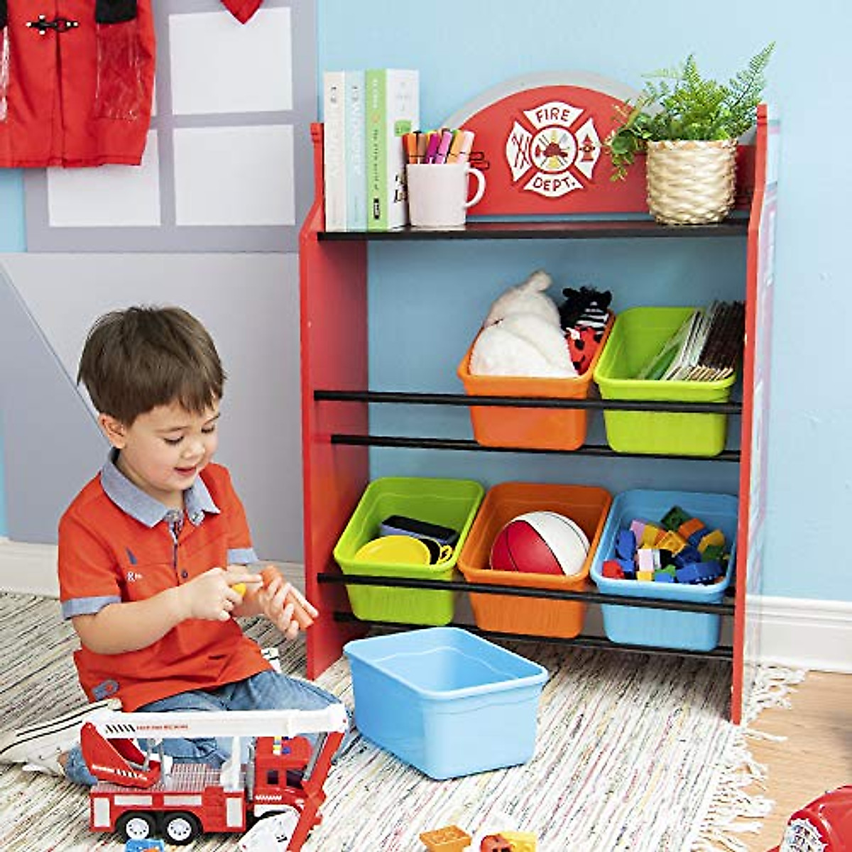 Fantasy Fields - Little Firefighters Wooden Toy Organizers with 6 Removable Storage Bins, Toy Storage Shelf, Red (TD-13211A)
