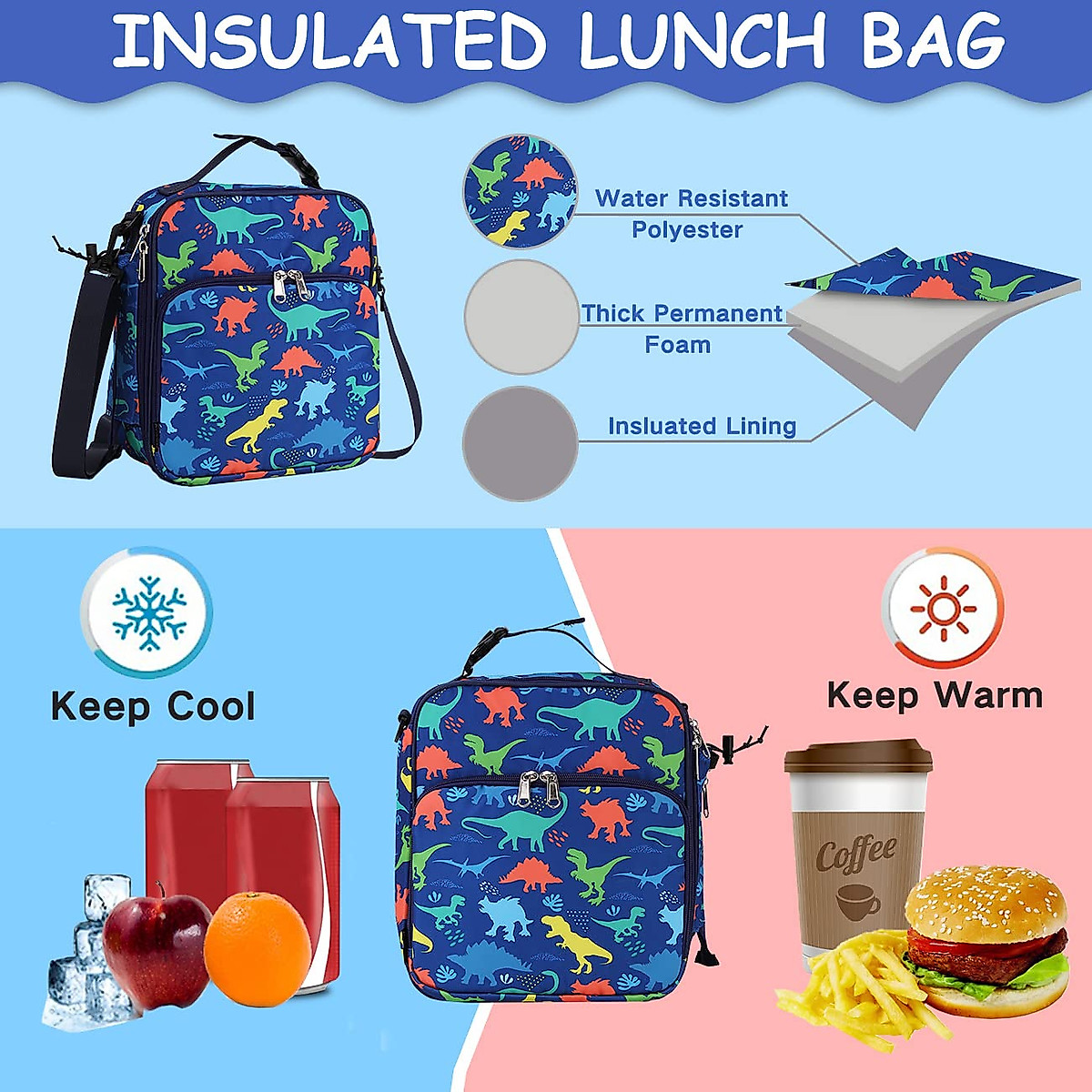 RAVUO Lunch Bag for Kids, Insulated Lunch Box Large Reusable Lunch Tote with Detachable Shoulder Strap,Water Resistant Thermal School Lunch Cooler for Girls and Boys (Dinosaur)