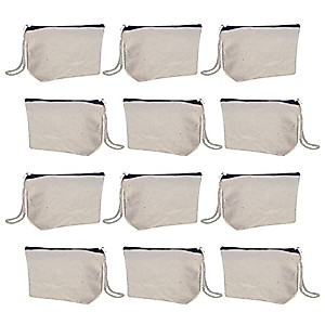 Muka 12 Pack 100% Cotton Canvas Bag Natural Wristlet Pouch with Black Zipper 7-1/2 x 4-1/4 x 2 Inches