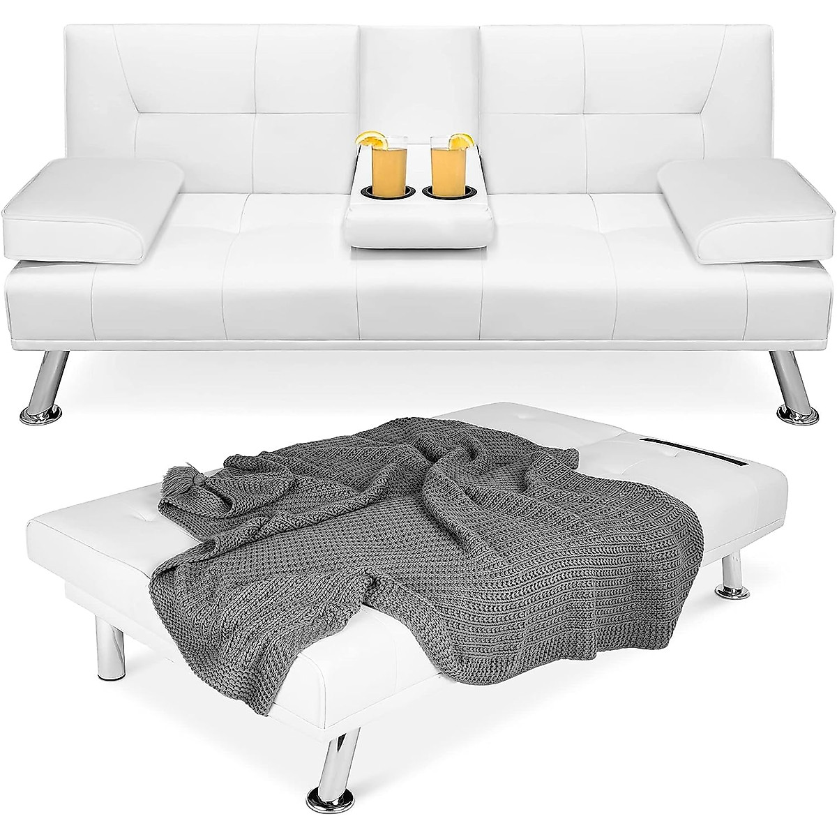 Convertible Folding Futon Sofa Bed with Metal Legs & 2 Cupholders, Modern Fabric Linen Upholstered Couch Loveseat Sleeper, Folding Couches Bed, Removable Armrests for for Small Spaces (White)