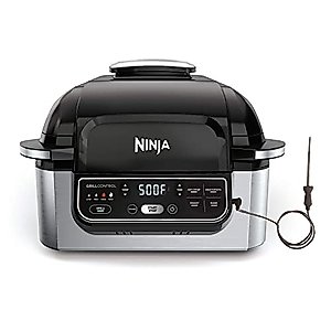 Ninja Foodi Pro 5-in-1 Integrated Smart Probe and Cyclonic Technology Indoor Grill, Air Fryer, Roast, Bake, Dehydrate (AG400), 10" X 10", Black and Silver (Renewed)