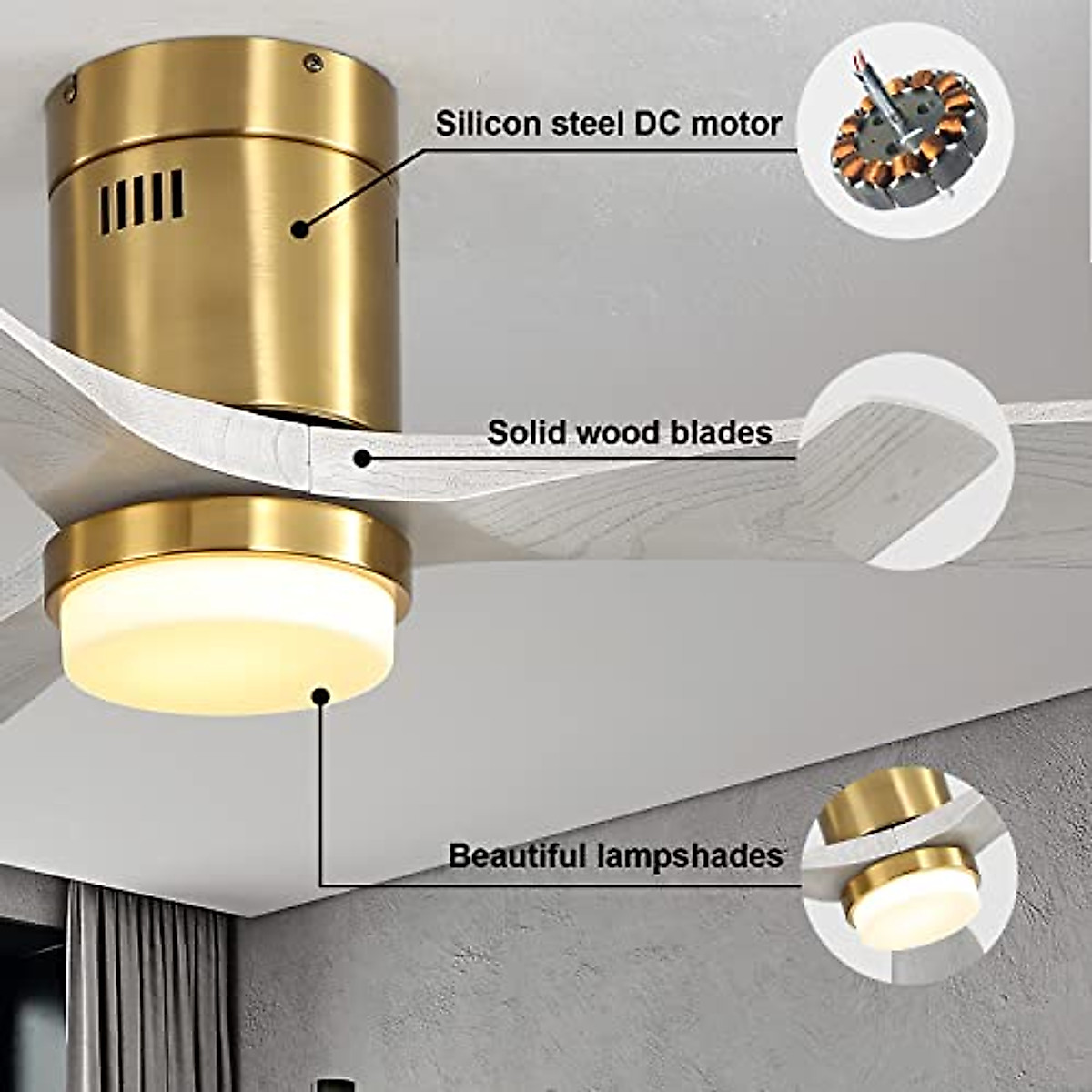 Sofucor 52 Inch Low Profile Ceiling Fan With Light 3 Carved Wood Fan Blade Indoor Outdoor Modern Flush Mount Ceiling Fan Noiseless Reversible DC Motor Remote Control for Kitchen Bedroom Farmhouse