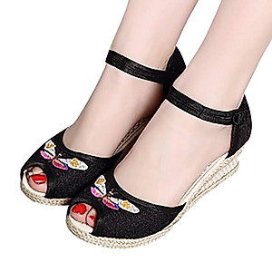 Singles Shoes Sandals for Women Retro Linen Canvas Wedge Round Toe Casual Sandals Walk Shoes Black