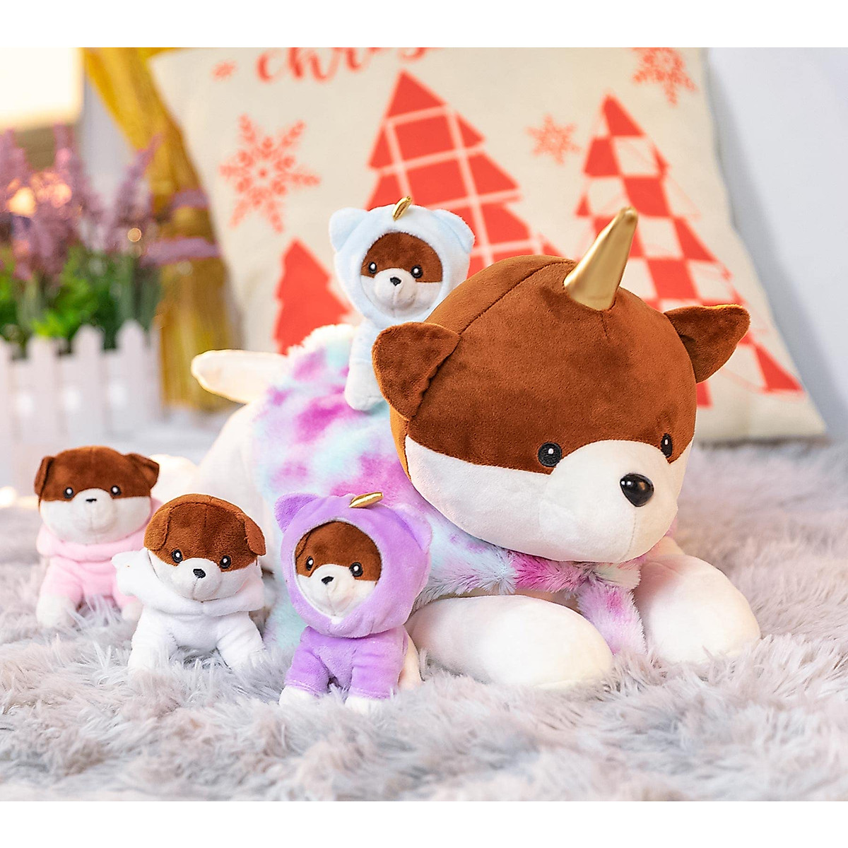 19Inch Plush Puppy Stuffed Animals, Unicorn Gifts Surprise Toys for Girls-Momma Dog with 4pcs Baby Plushie, 5 in 1 Playset
