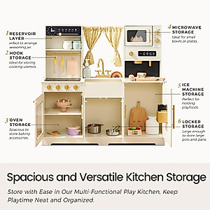 Tiny Land Play Kitchen for Kids, Toy Kitchen Set with Plenty of Play Features, New Modern Kids Wooden Play Kitchen Designed in Trendy Home Style with Curtains, Gift for Ages 3+