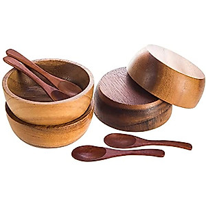 MINIATURE DOLL SIZE Tiny 2¾" Dia Acacia Calabash Wood Bowl for Condiments, Dip Sauce, Nuts, Ketchup, Jam, Herb, Prep, Olive, Salsa, Round Wooden Brown Bowl 2.75"x1.5" H Set of 4 (FREE 4 Wood Spoons)