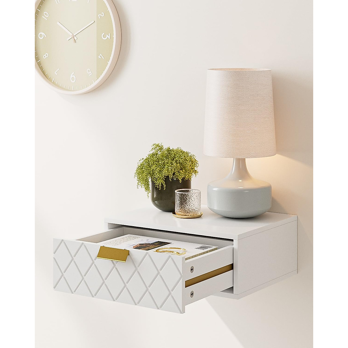 Aobafuir Floating Nightstand Shelf with Drawer, Small Modern Wall Mounted Nightstand, Shelves for Bedroom, White Diamond