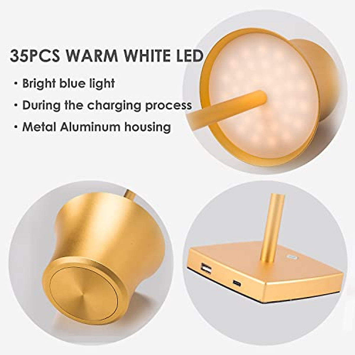 YIBEN Cordless Table Lamp, Rechargeable Battery 5000mAh Metal Aluminum Housing USB LED Portable Powered Desk Lamp, 2 Levels Brightness Night Light for Restaurants Bedroom Outdoor (Gold)