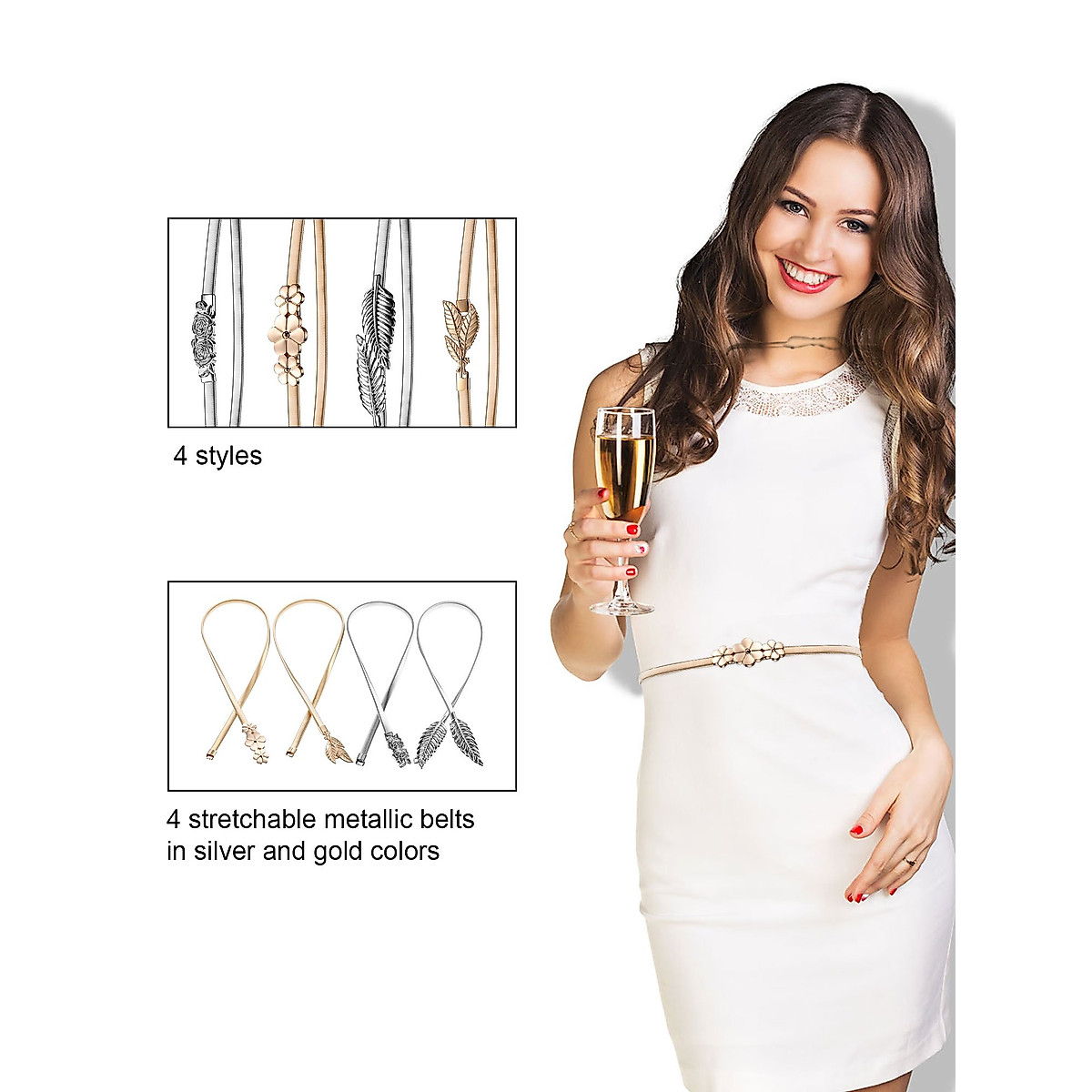 4 Pieces Women Elastic Waist Belt Stretch Metal Dress Belt for Women, Silver and Gold