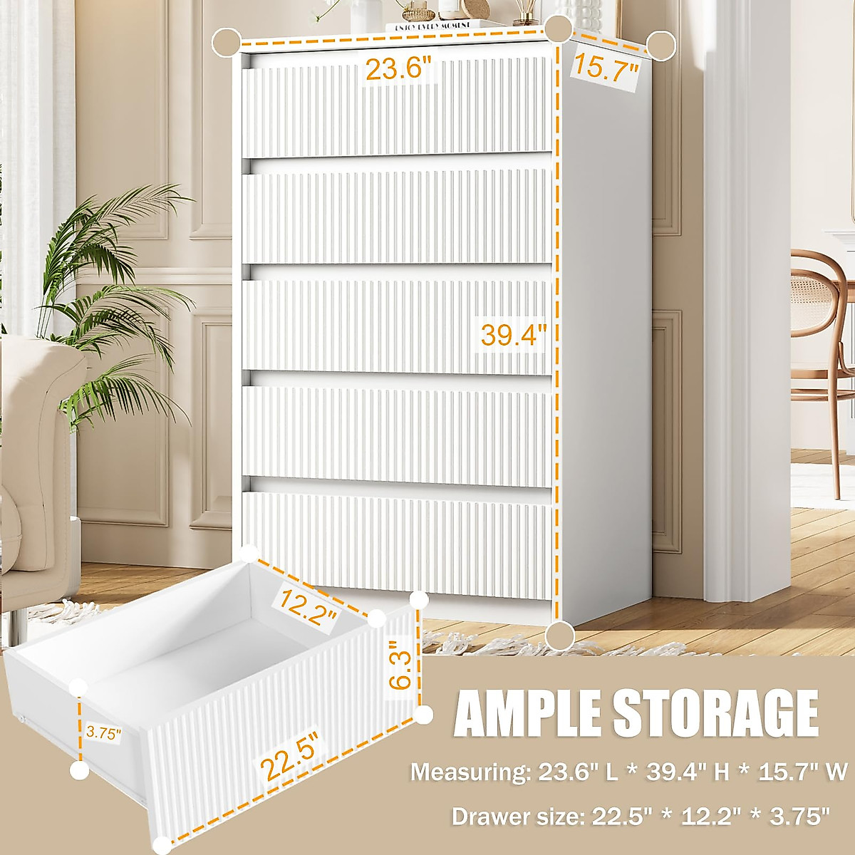 Jocoevol White Dresser 5 Drawer Dresser for Bedroom, Modern Fluted Dresser with Deep Drawers and Mirror, Wooden Dresser Chest of Drawers for Living Room, Hallway, Entryway