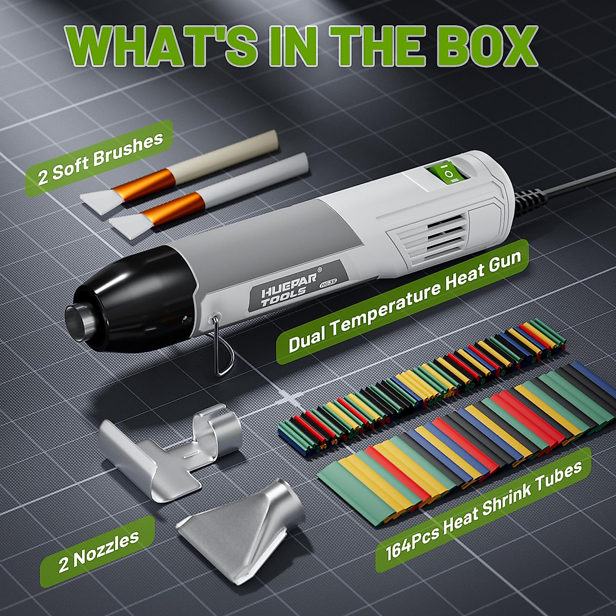 Mini Heat Gun for Christmas Gifts and Christmas Decorations, Huepar Tools 446°F/752°F Dual Temperature Heat Gun Tool, Includes 164PCS Heat Shrink Tubing, 2 Silicone Brushes and 2 Nozzles
