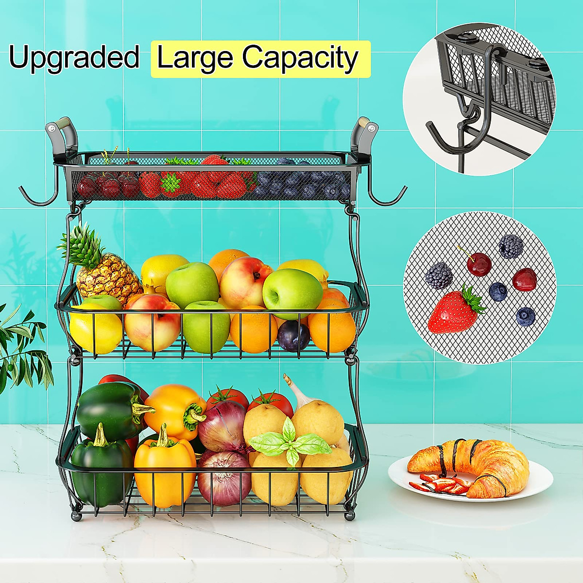3 Tier Fruit Basket Bowl with 2 Banana Hangers for Kitchen Counter, Vegetable Countertop Produce Storage Holder, Large Capacity Metal Wire Fruits Stand Organizer for Onion Potato Bread Snack, Black