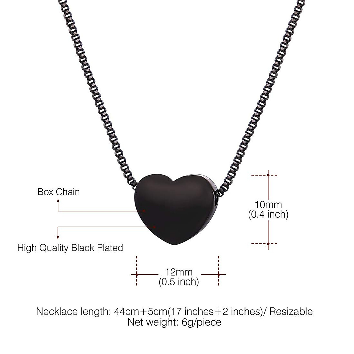 U7 Cute Heart Choker with Black Gun Plated Italian Box Chain Pendant Necklace, 17-19 Inch