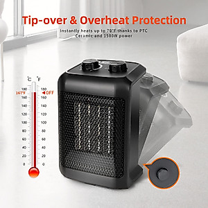 BEYOND BREEZE Space Heater, 1500-Watt Ceramic Portable Electric Heater, Small Heater with Tip-Over Switch, Overheat Protection, Adjustable Thermostat, Quiet and Safe for Indoor Use Office Bedroom