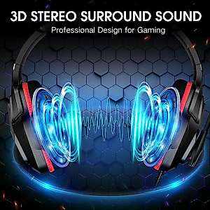 nulliplex Gaming Headset Xbox one Headset with Mic Stereo Gaming Headset, Noise Immunity Swivel Mic & LED Light, Suspension Headband PS4 VR Headphone Compatible with PC PS5 Xbox One (Black red)