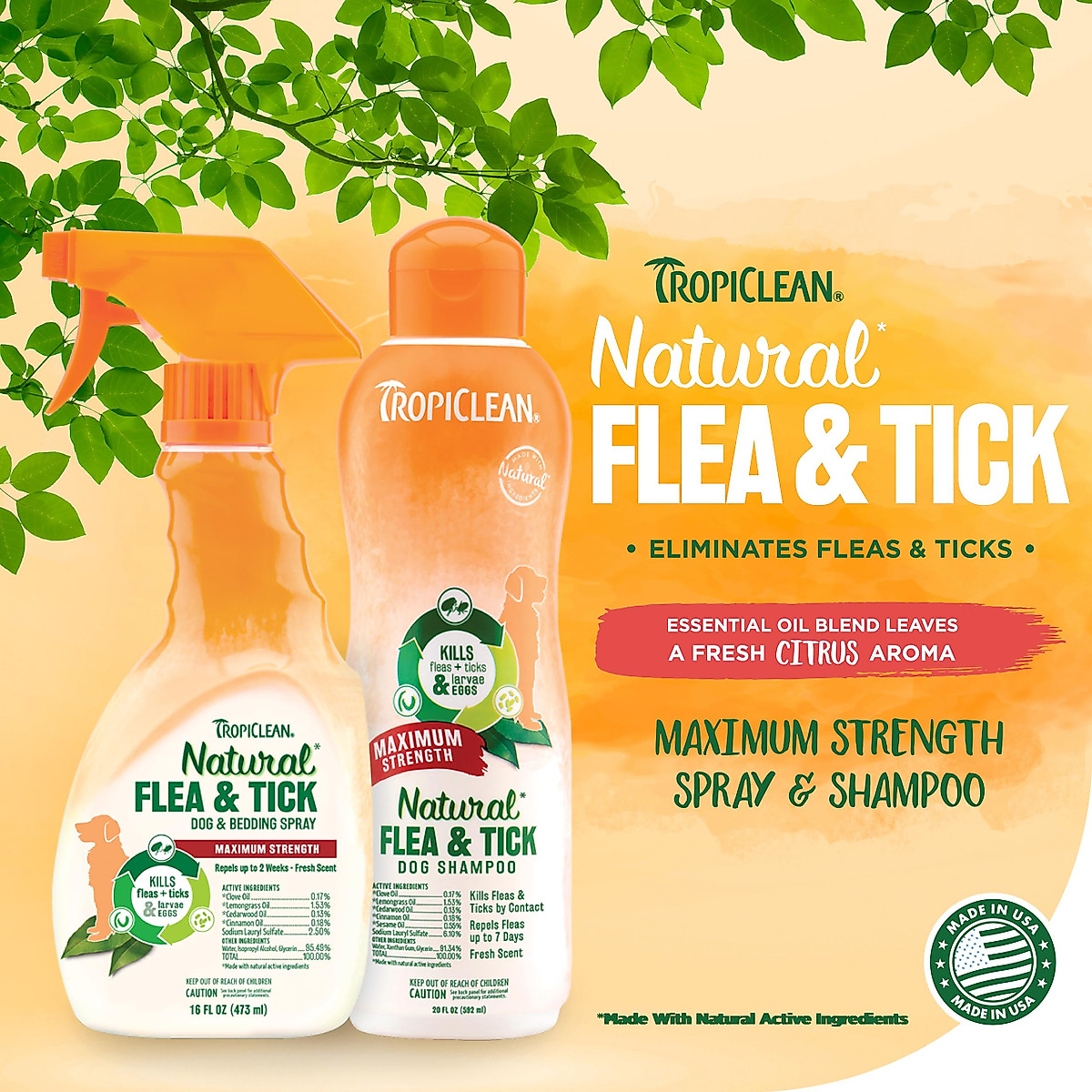 Natural Flea & Tick Max Strength Shampoo & Bedding Spray Bundle | Flea & Tick Prevention | Dog Shampoo | Flea & Tick Treatment Protects & Repels | Made in USA